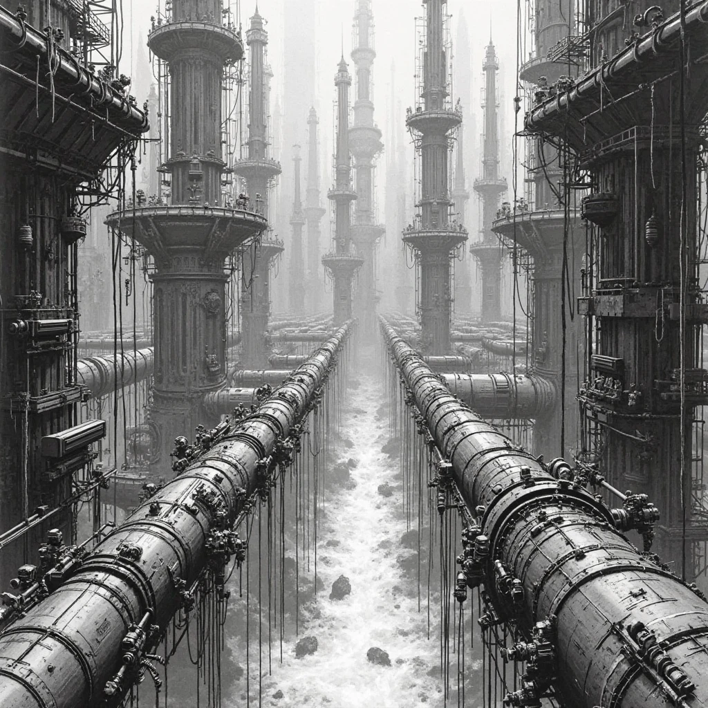 A vast, surreal megastructure with an intricate network of towering ...