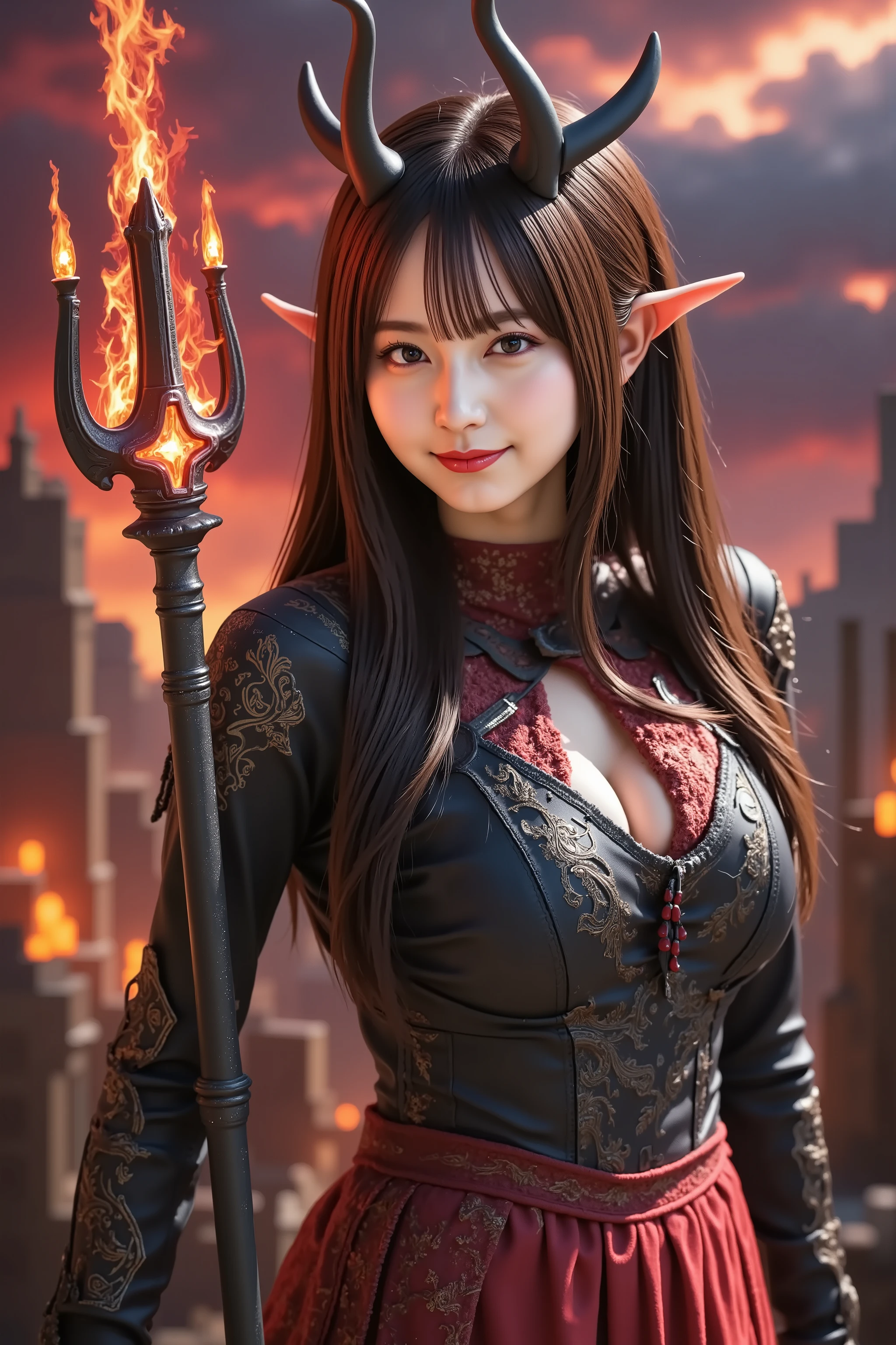 Woman in a black and red outfit holding a fire staff - SeaArt AI