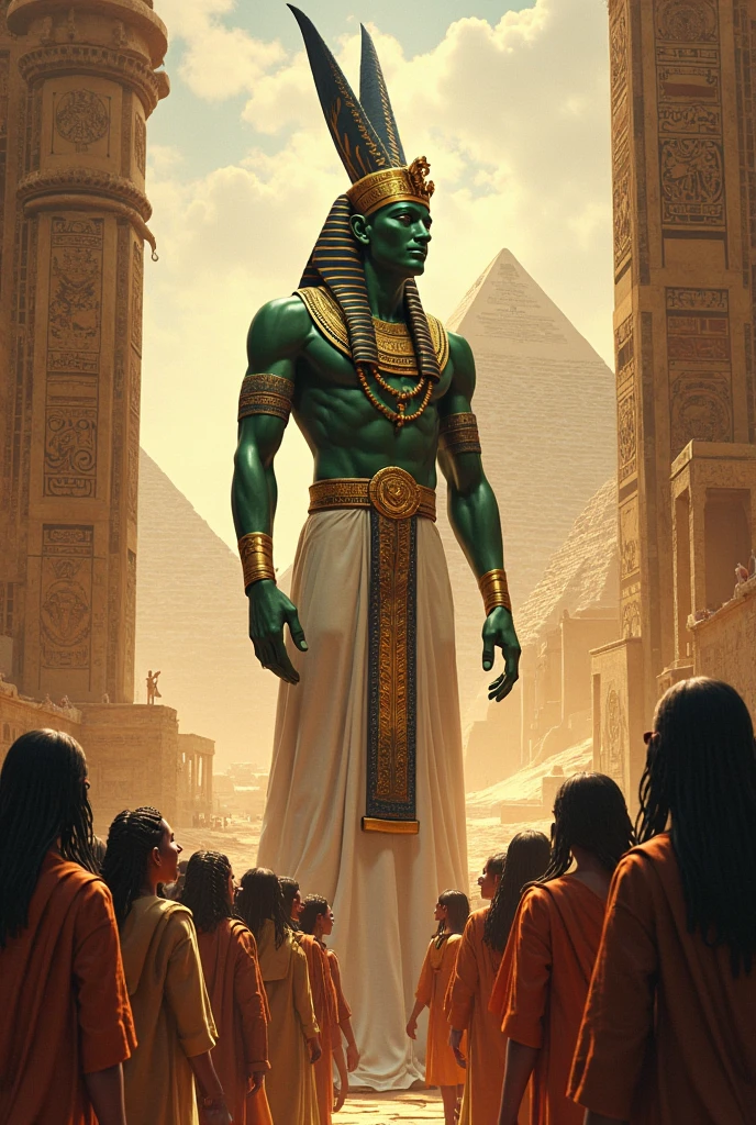 Giant Osiris standing talking to the Egyptians - SeaArt AI
