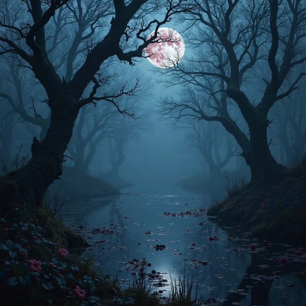 A dark blue mist condenses on a thick forest of ancient trees whose ...