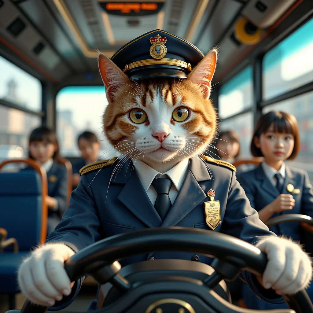 (A realistic human-sized cat with the bus driver in uniform) - SeaArt AI