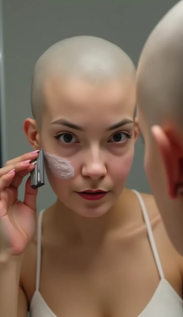 Create a realistic portrait of a woman, a smooth headed bald woman ...
