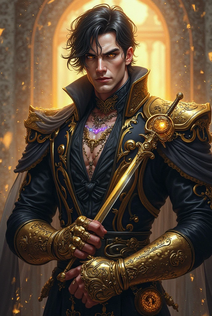 "A strong, imposing male character, with black and golden hair and ...
