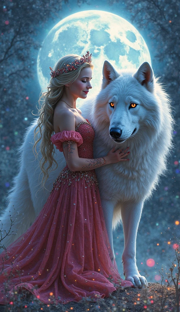 A beautiful princess in a shimmering ruby dress stands next to her pet ...