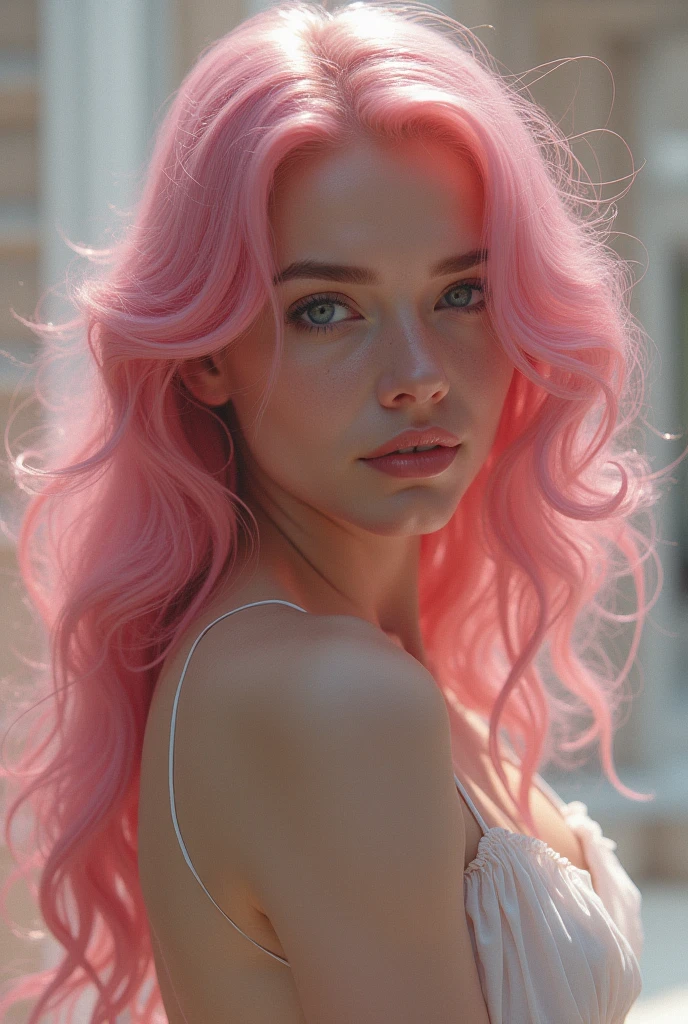 Create a Lyre woman aged 30 to 31 with big breasts and pink hair ...