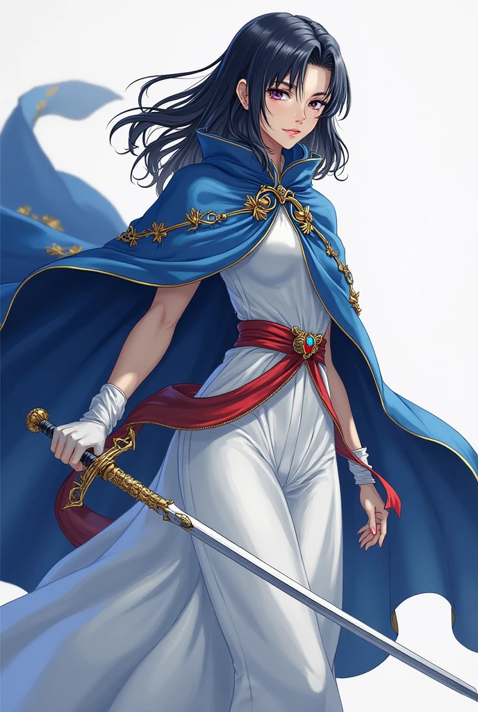 A woman in a blue cape and white dress holding a sword, black - SeaArt AI