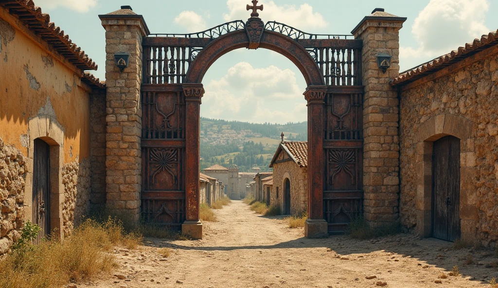 A giant iron gate, barred and rusted, separating two villages - SeaArt AI