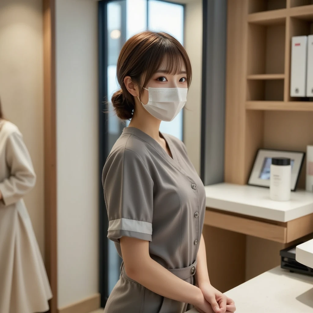 Run by a single Japanese nurse - hair in a ponytail, wearing grey ...