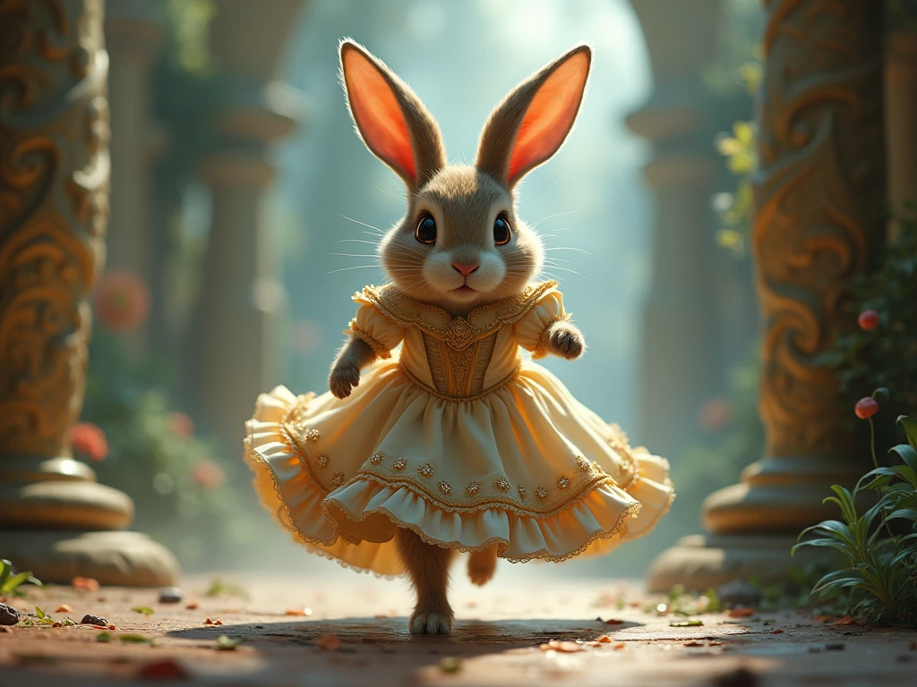 Rabbit in victorian dress running scared disney style - SeaArt AI