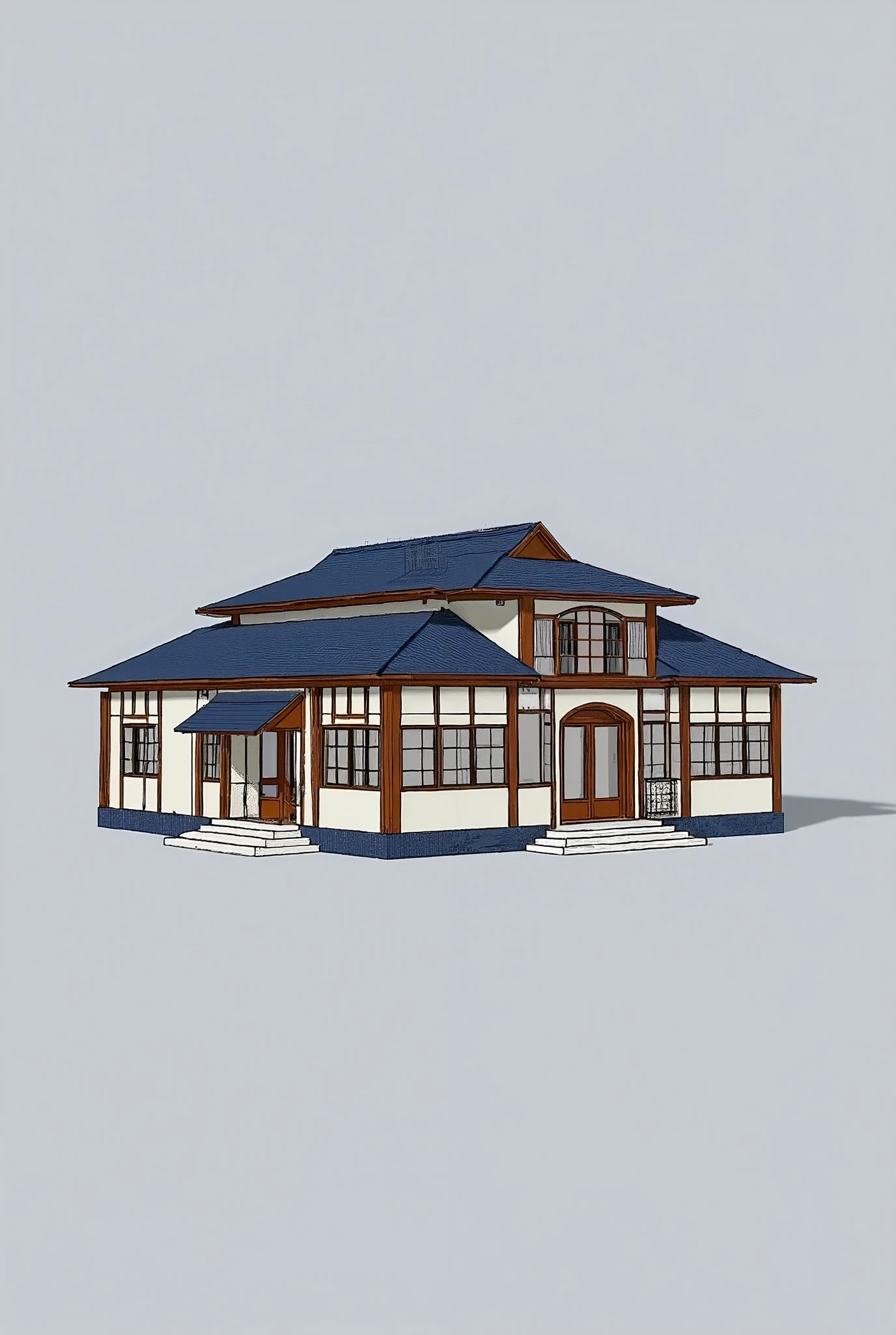 A rendering of a house with a blue roof and a white and brown exterior ...