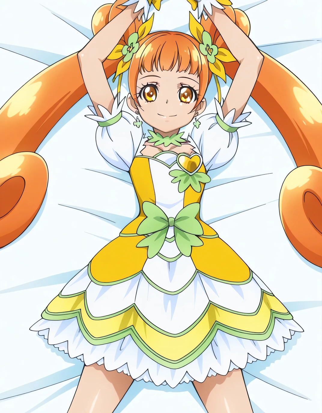 Anime girl in a yellow dress laying in bed with a teddy bear - SeaArt AI