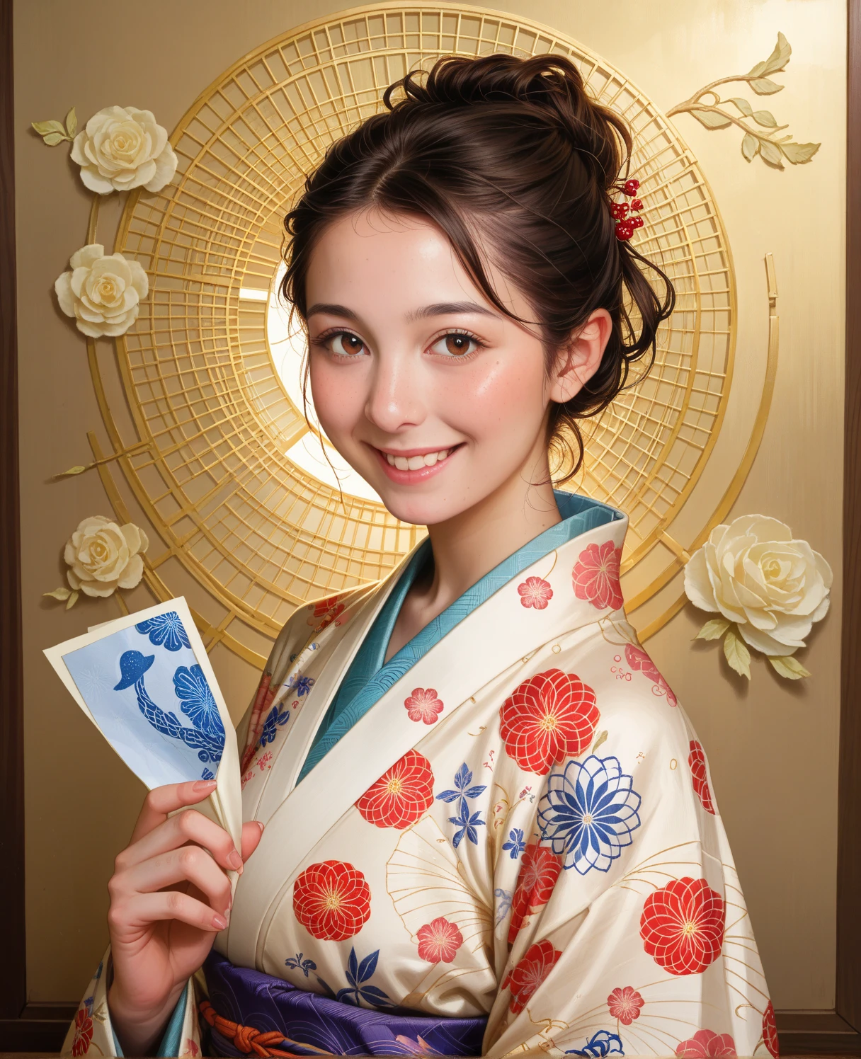 A smiling Japanese woman in a kimono peeks out from between layers of ...