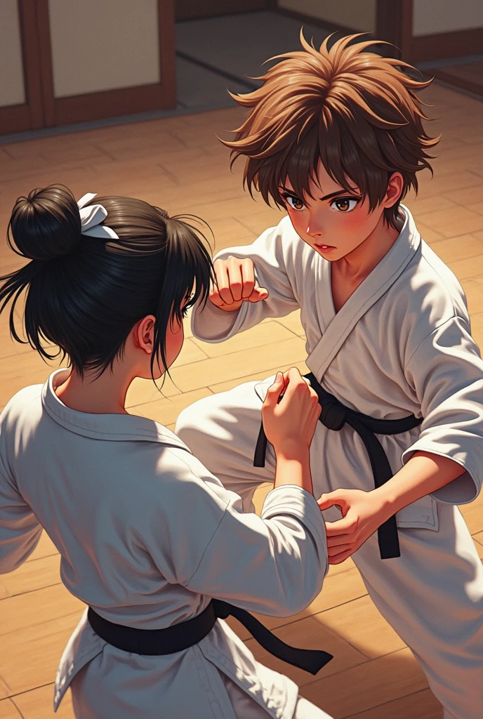 Sexy wavy messy brown haired anime boy wearing white karate gii gets ...