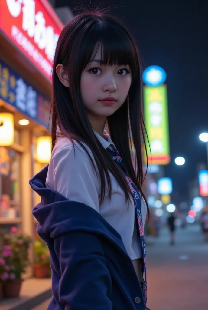 A young high school girl standing under the neon lights of a city at ...