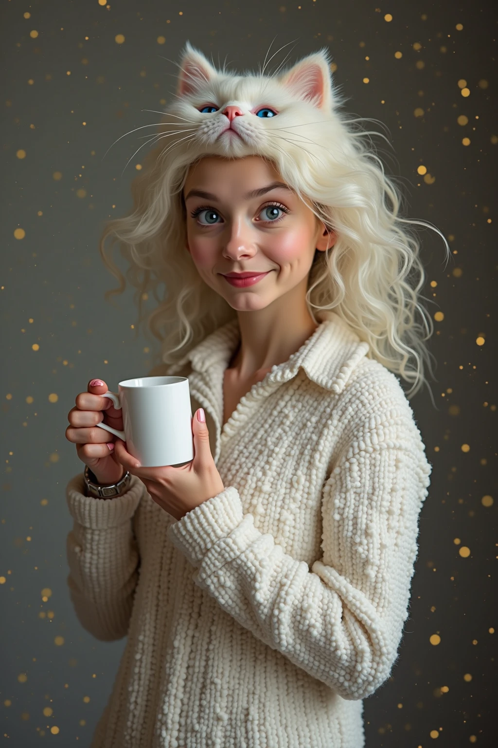 Hairy felina Employee, Woman the cup of a hairy white-haired cat ...