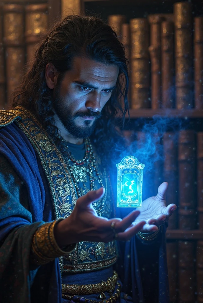 "A close-up shot of King Utkarta holding a glowing magical amulet ...