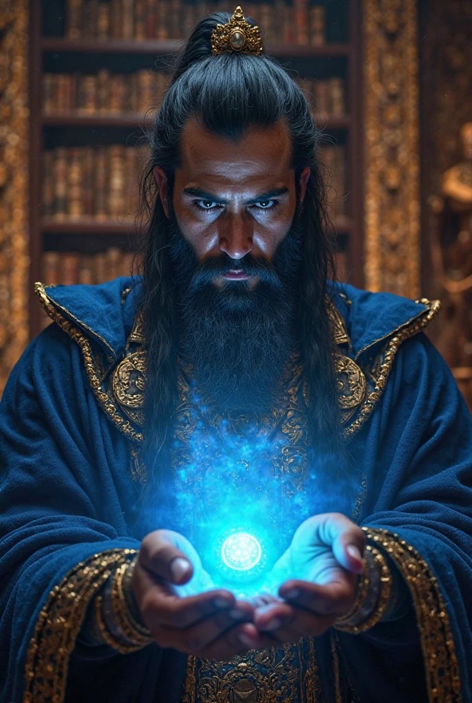"A close-up shot of King Utkarta holding a glowing magical amulet ...