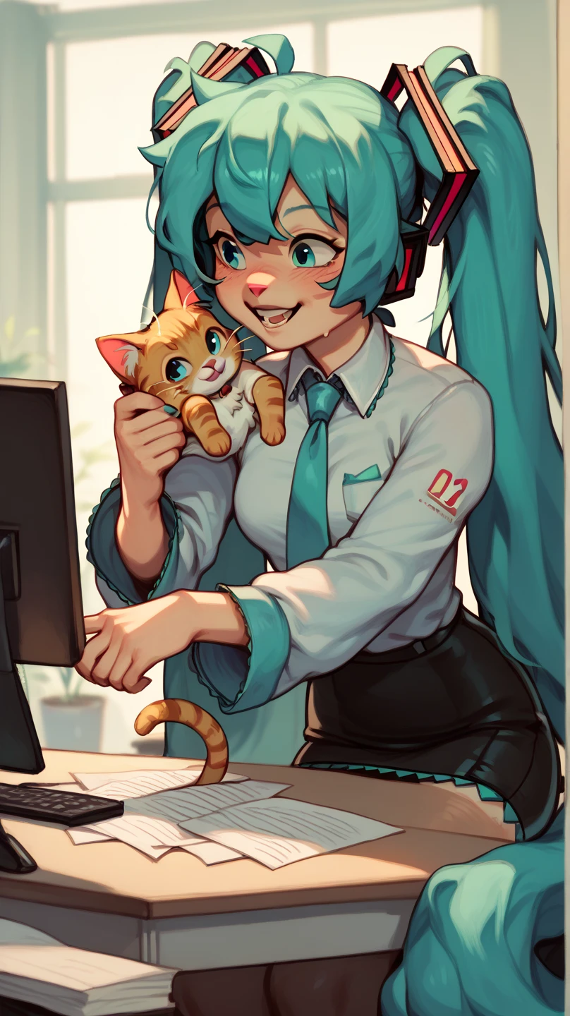 1Furry, Hatsune Miku as a cat, background office - SeaArt AI