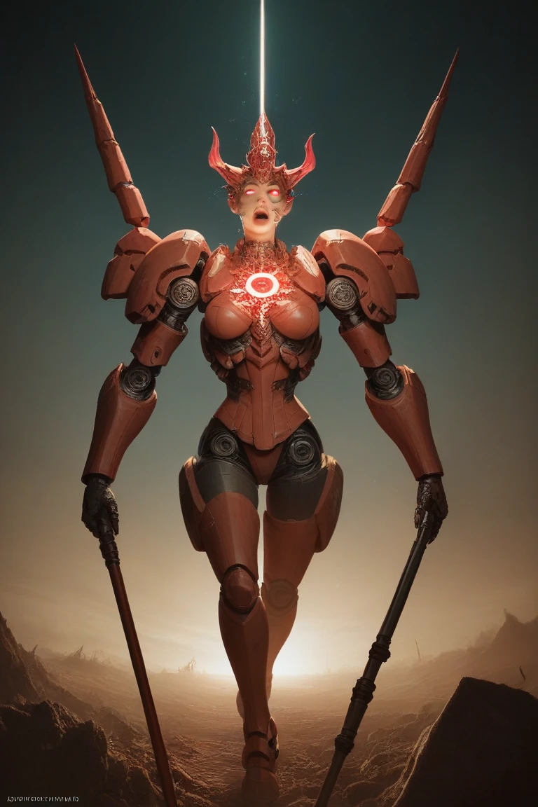 (Top Quality, 8k), Beautiful Succubus Warrior in Neon Mecha Armor Holding a Sta - SeaArt AI