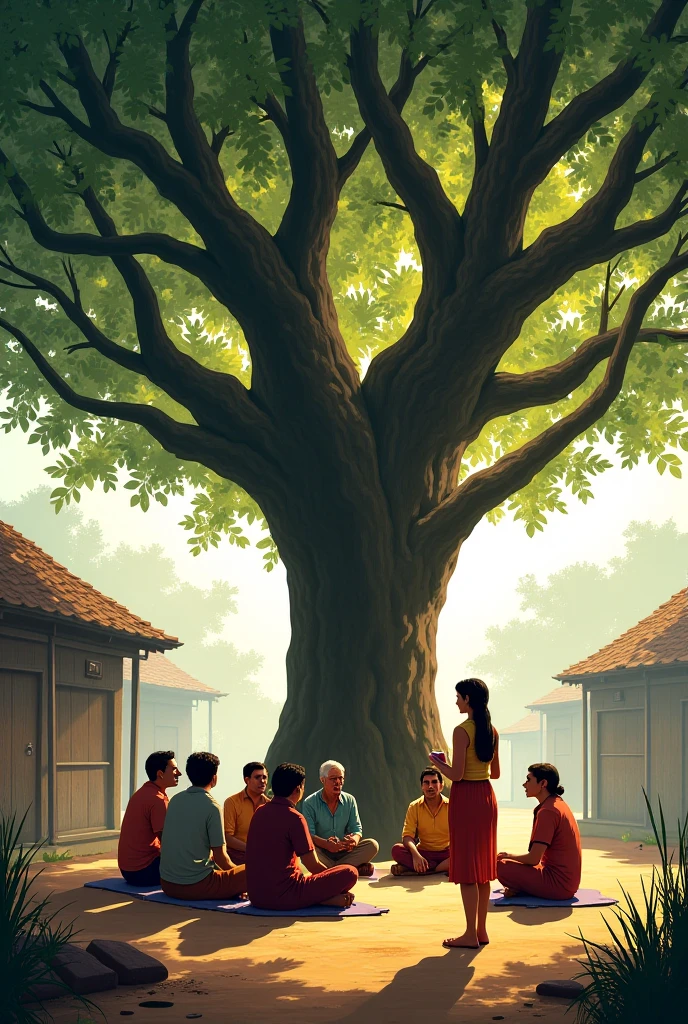 The Village Square (A group of villagers sits under a large banyan tree ...