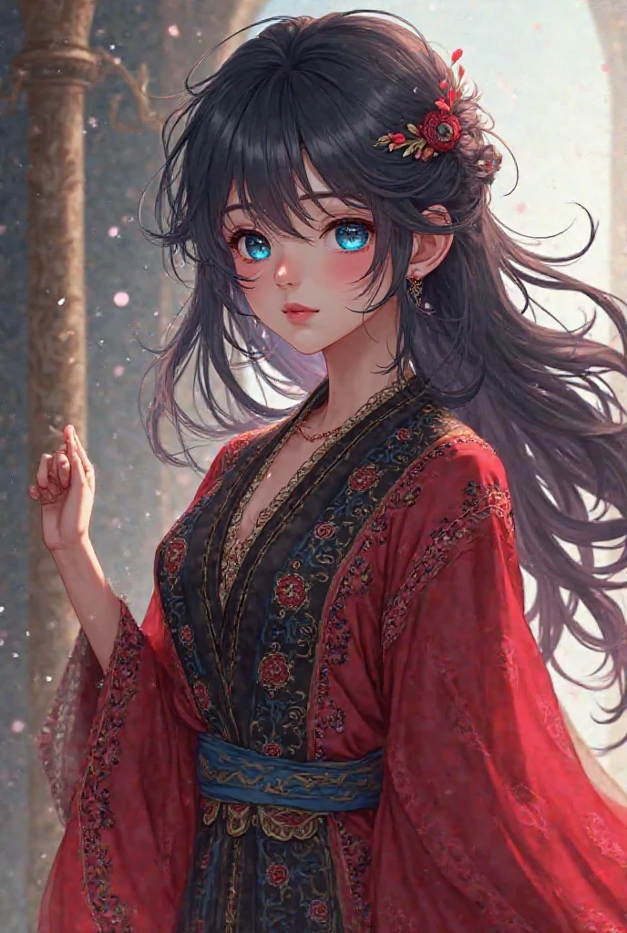 The picture of a beautiful anime girl with a magical price of red and ...