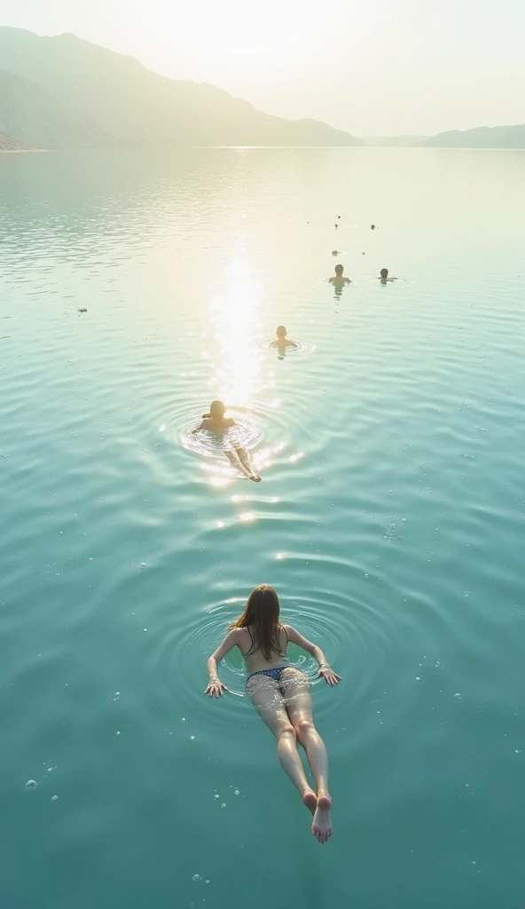 Dead Sea with people floating alone without drowning - SeaArt AI
