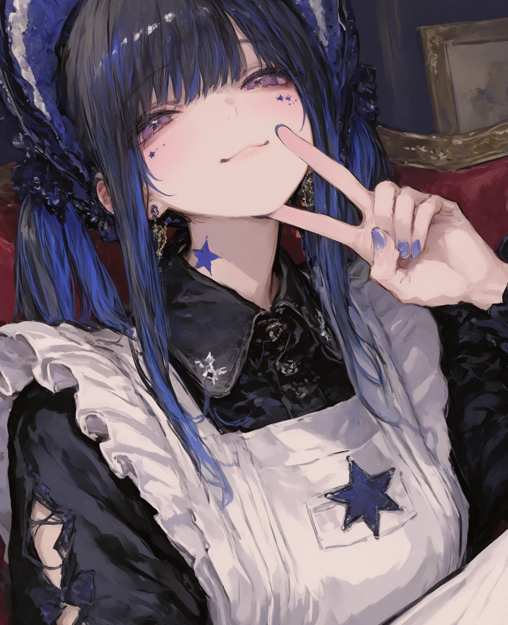 最高品質, 傑作, 748cm スタイル, 1 女の子, 星の顔のマーク , トップの上, マニキュア, 視聴者, 紫色の目 - SeaArt AI