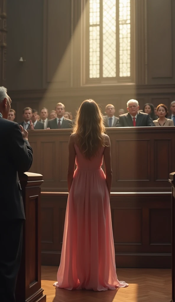 A dramatic courtroom scene, cinematic style. A , around , standing in ...