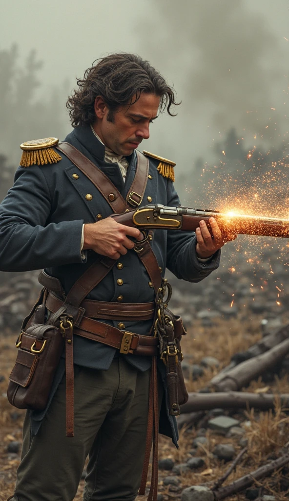 "An 18th-century soldier loading a flintlock rifle, sparks flying as ...