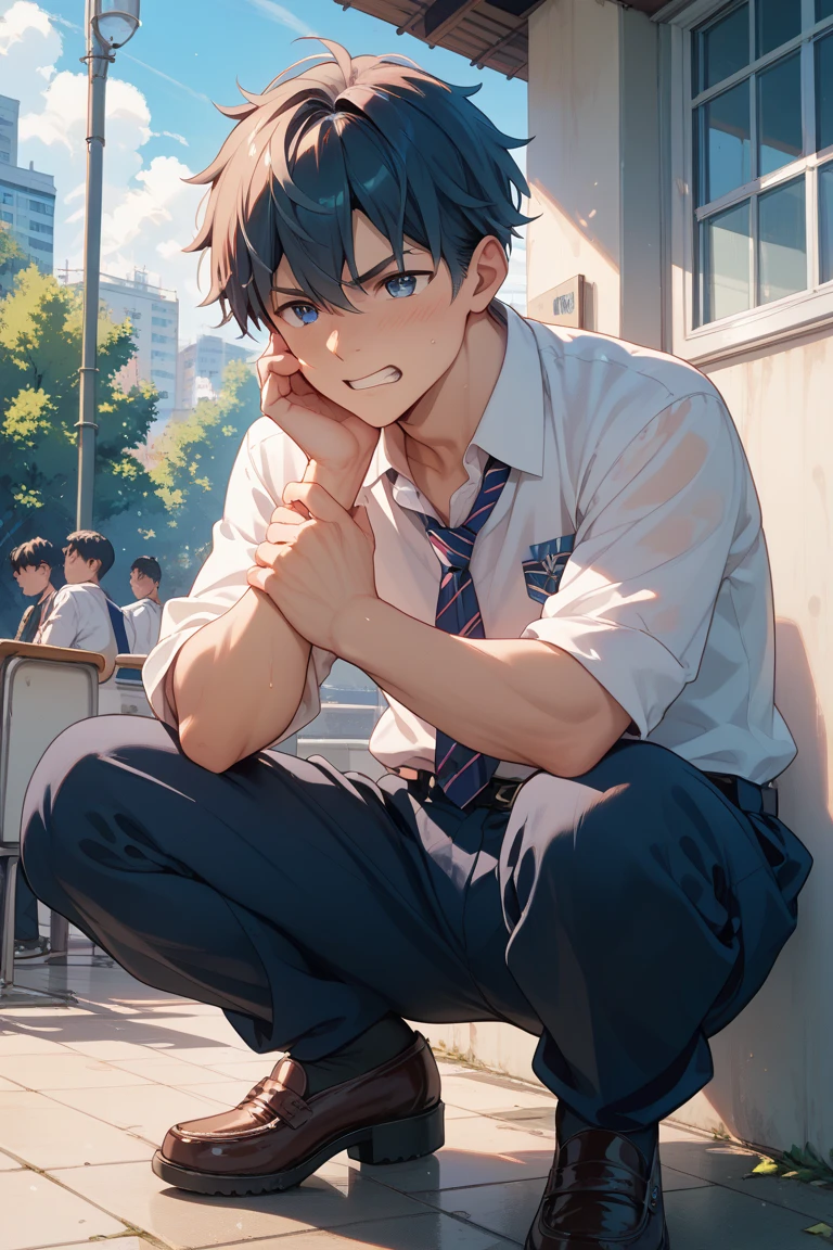 1 boy、high school student、crouching、The eyes are hidden by hair - SeaArt AI