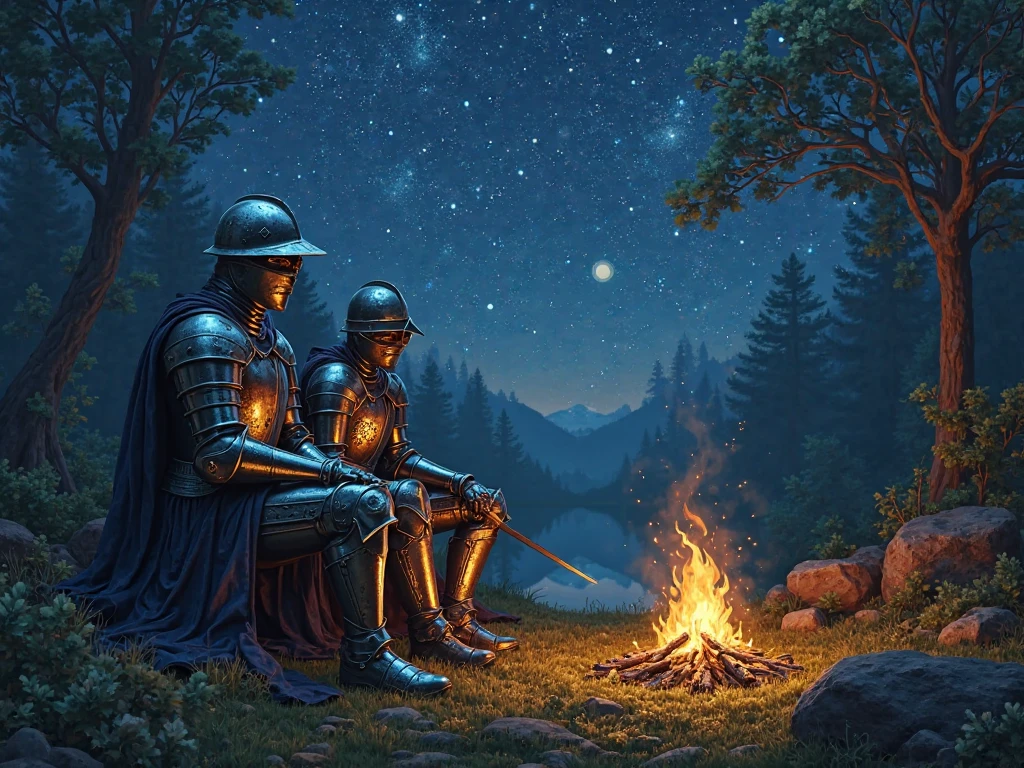 Two knights sit near a campfire in the woods against the starry sky ...