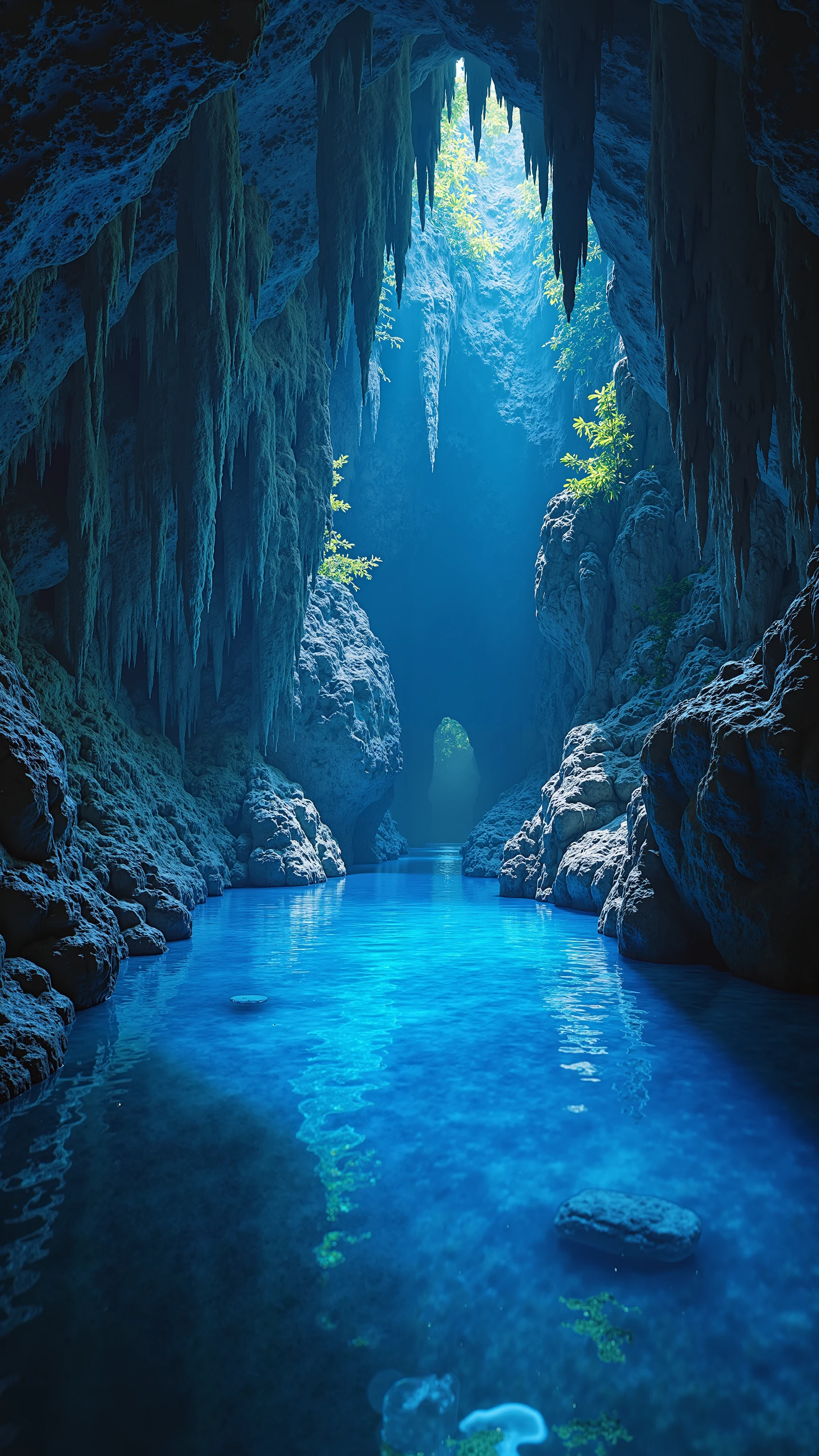 There is a blue cave with a stream running through it - SeaArt AI