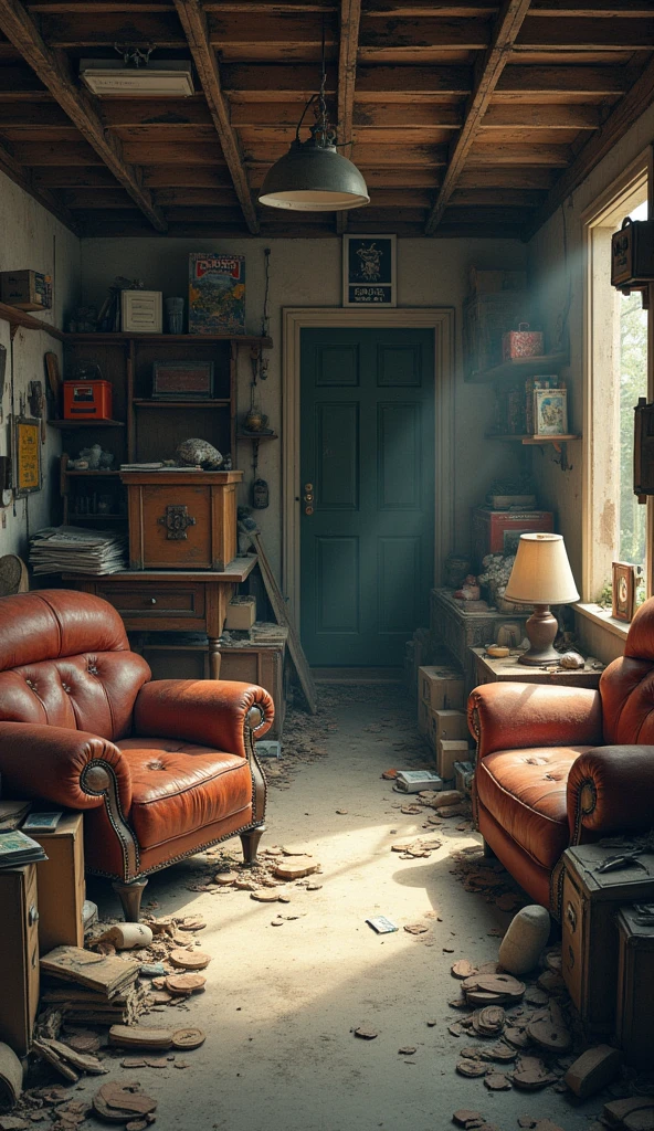 A cluttered garage with old furniture, boxes, and junk scattered around ...