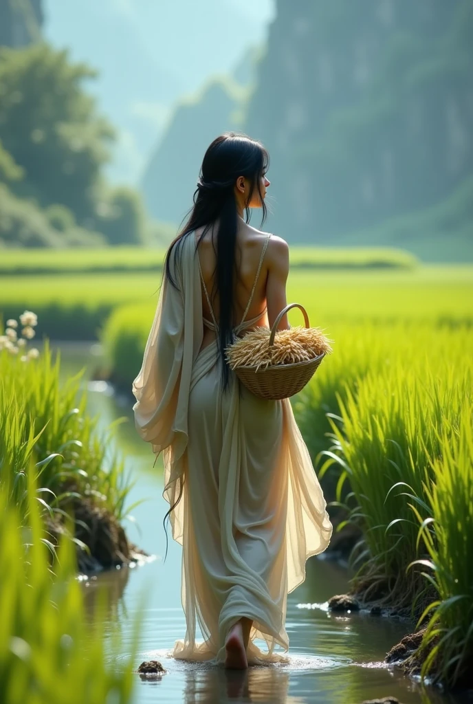 Photo realistic of a pheasant girl carrying a bamboo basket on her back ...