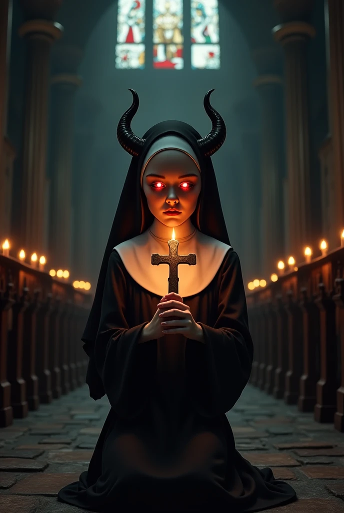 Young little nun with red eyes, with horns on her head, kneels and ...