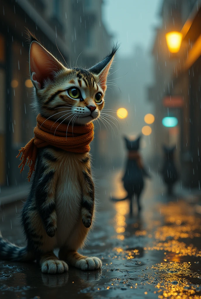 A small, scruffy anthropomorphic cat with patchy, unkempt fur stands ...