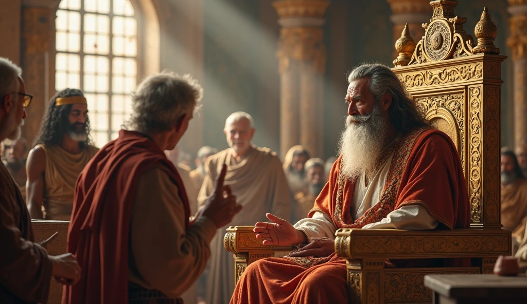 "A wise elder approaches King Solomon in the palace, seeking judgment ...