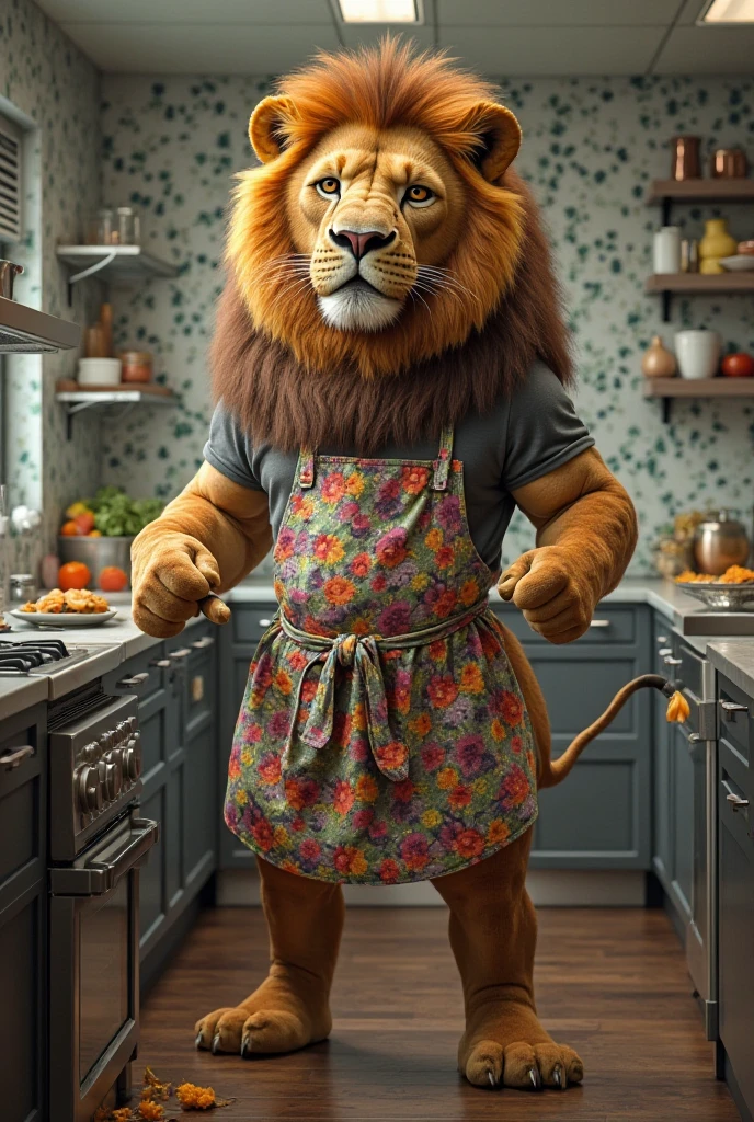 A picture of a lion cooking food and wearing an apron in a kitchen ...