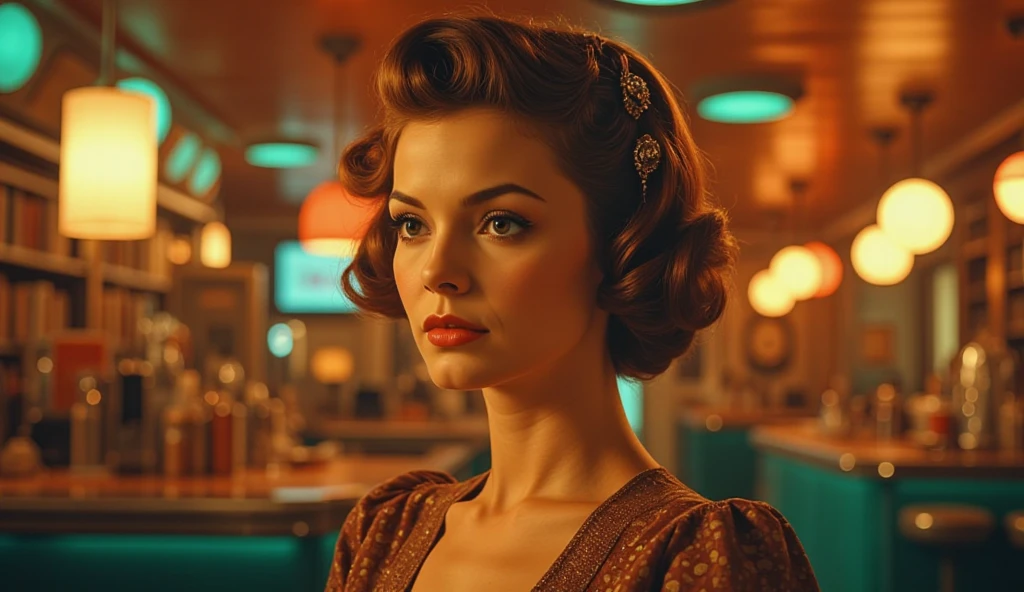 Soft cinematic portrait of a glamorous woman in a vintage evening gown ...