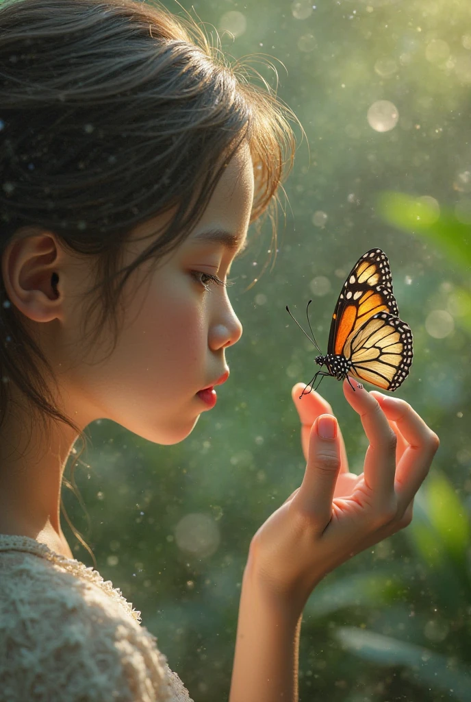 A beautiful girl touching a butterfly camera angle is one sided - SeaArt AI