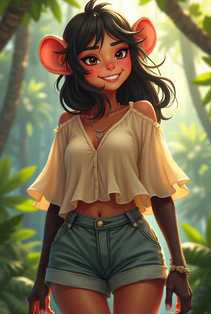 Female monkey in big shorts and loose blouse with black hair and ...