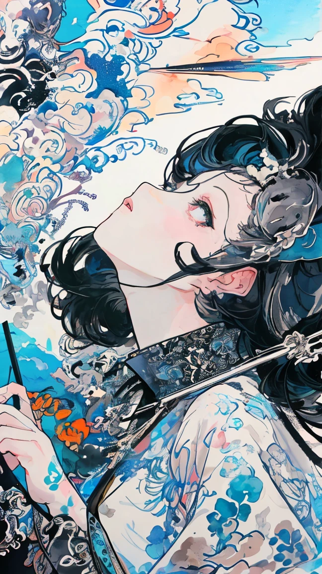 Ink painting,creative art,looks up, Singing to the blue sky - SeaArt AI