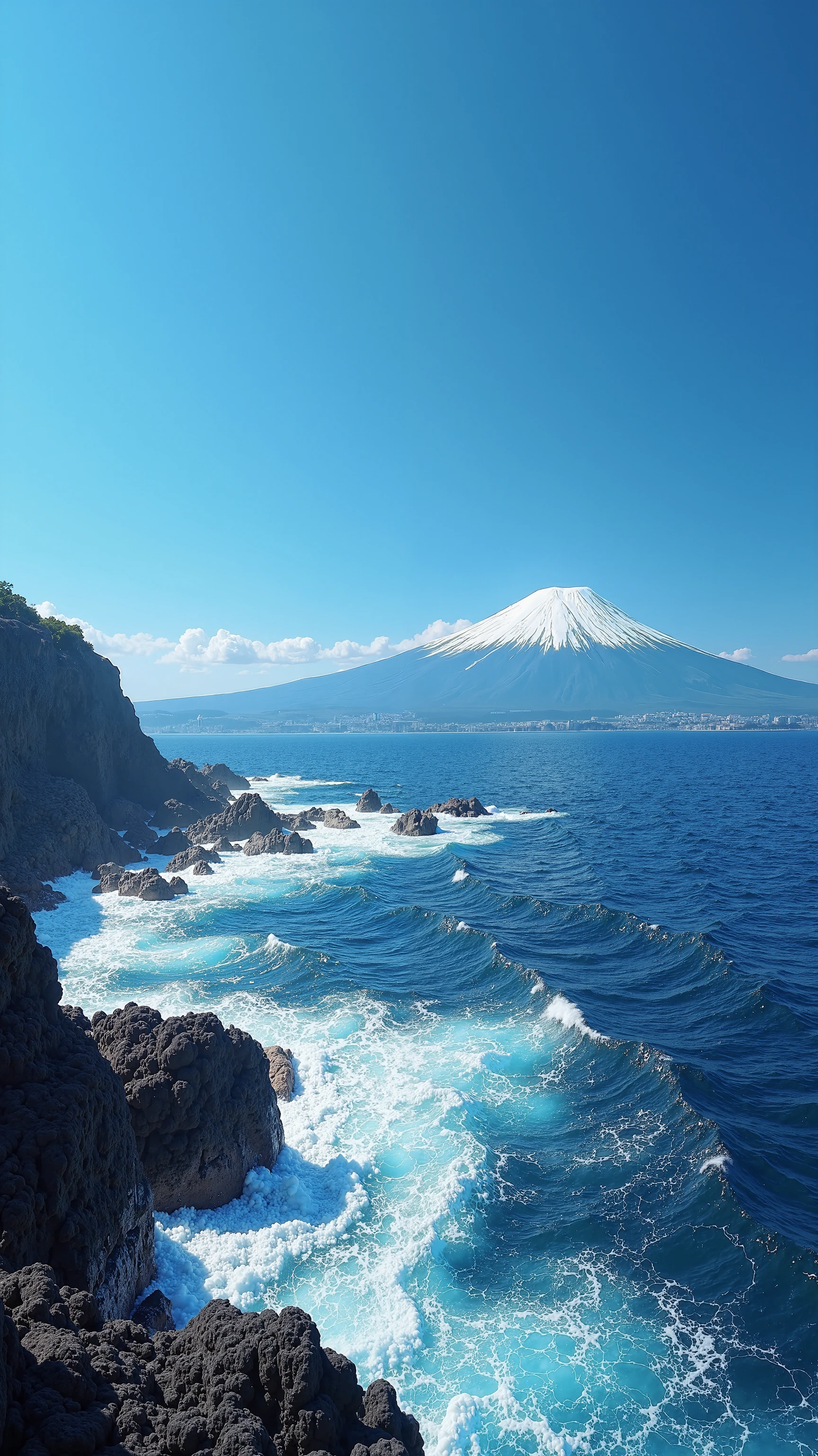 There is a view of a mountain and the ocean from a cliff - SeaArt AI