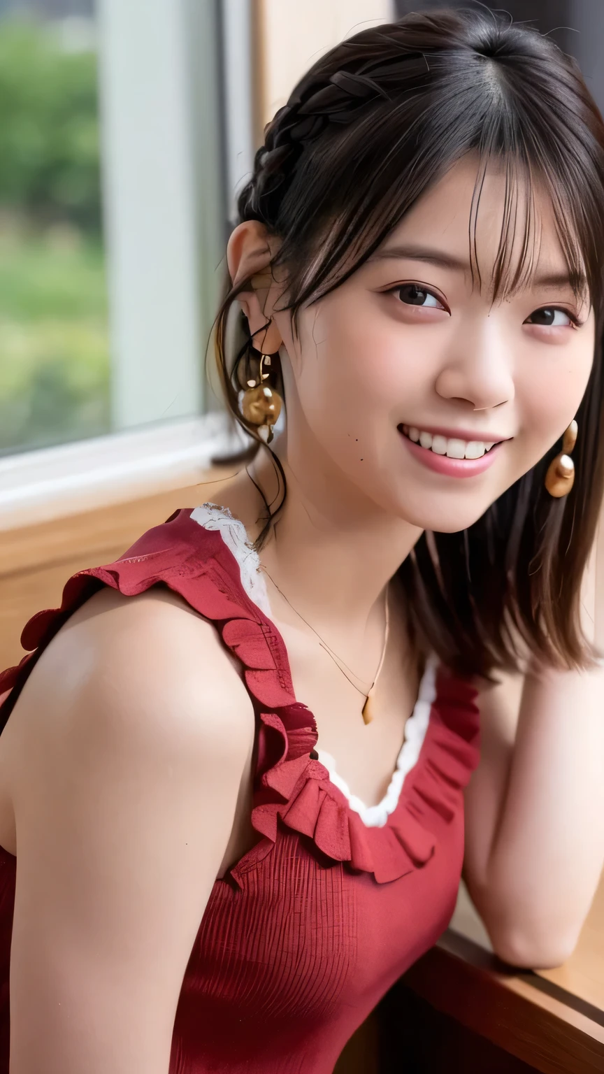 A close up of a woman sitting at a window sill - SeaArt AI