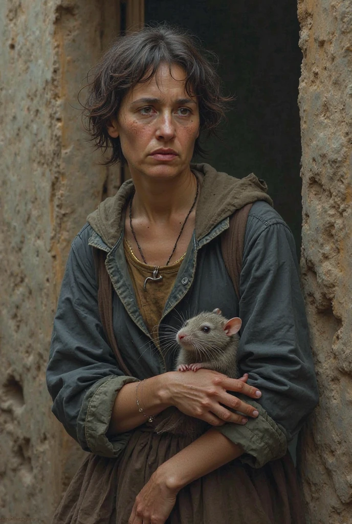 A pretty poor French woman with short hair and her rat - SeaArt AI