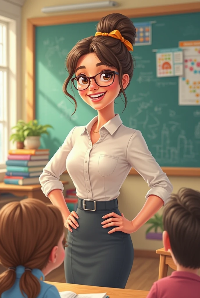 Make a girl teacher age of 40 bun hair with ribbon ponytail make it ...