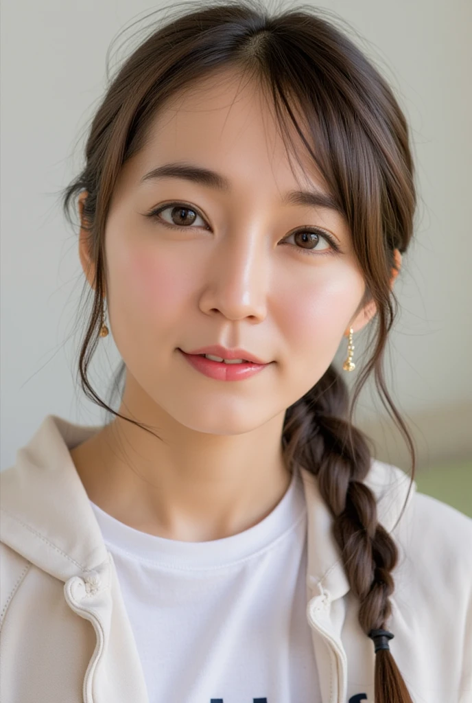 Headshot of a cute Japanese woman。I'm wearing a half-zip MILKFED logo ...