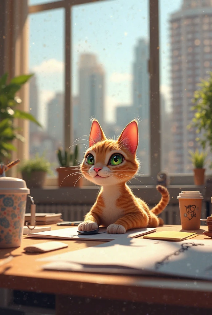 A sleek, mischievous tabby cat lounging on a modern office desk - SeaArt AI