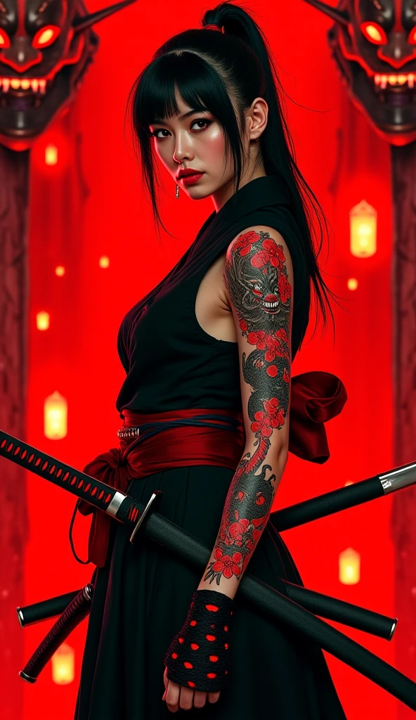 A strikingly fierce yet elegant female samurai stands against a fiery ...