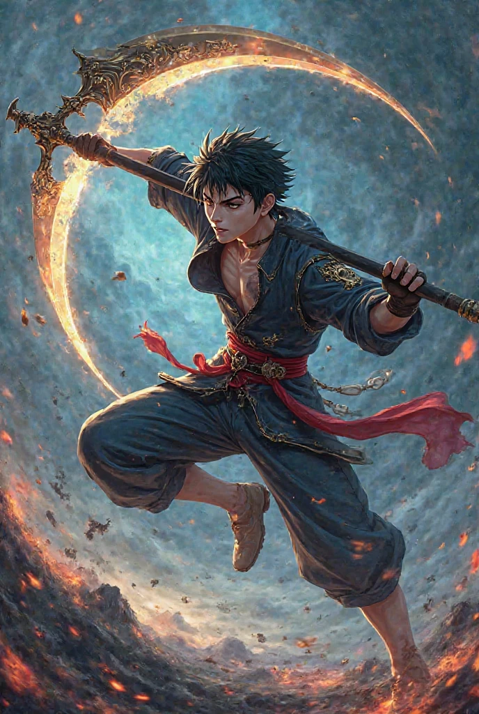 Anime guy with a scythe in his hand, jumping , swings a weapon - SeaArt AI
